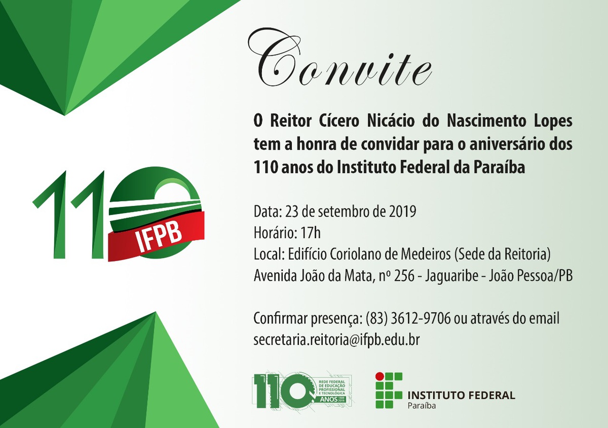 Convite - 110 anos do IFPB — Instituto Federal da Paraiba IFPB Convite - 110 anos do IFPB — Instituto Federal da Paraiba IFPB